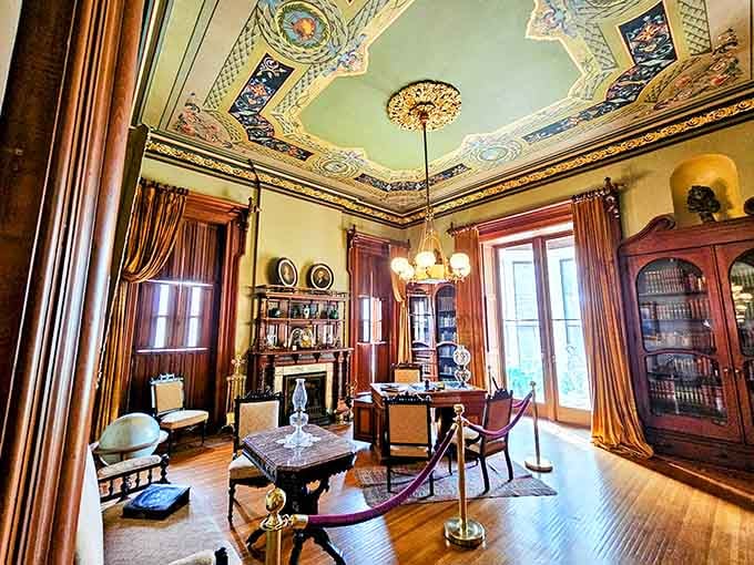 That hand-painted ceiling in the library will have you craning your neck and completely forgetting what you were saying.