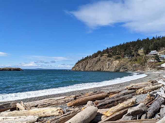 Stroll along the pebble-filled shoreline lined with weathered driftwood, looking out at the beautiful, rolling ocean waves.