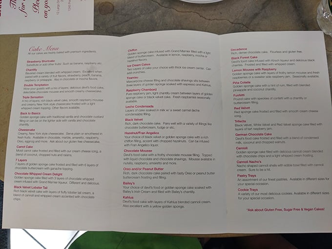 This menu reads like a greatest hits album of cake, offering everything from Italian classics to American favorites.