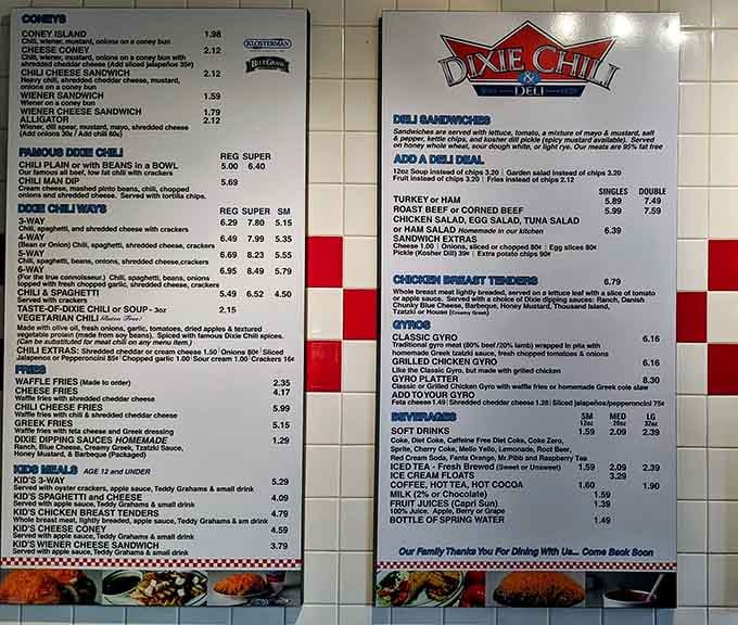 This menu is your roadmap to Cincinnati chili enlightenment, where numbers replace complicated ordering and happiness is guaranteed.