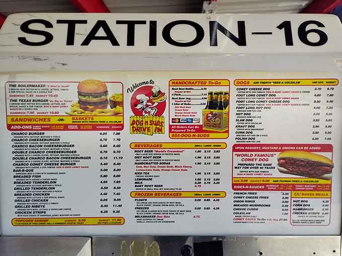 Station 16's menu board is a beautiful roadmap to happiness, coney dogs, root beer, and everything in between.
