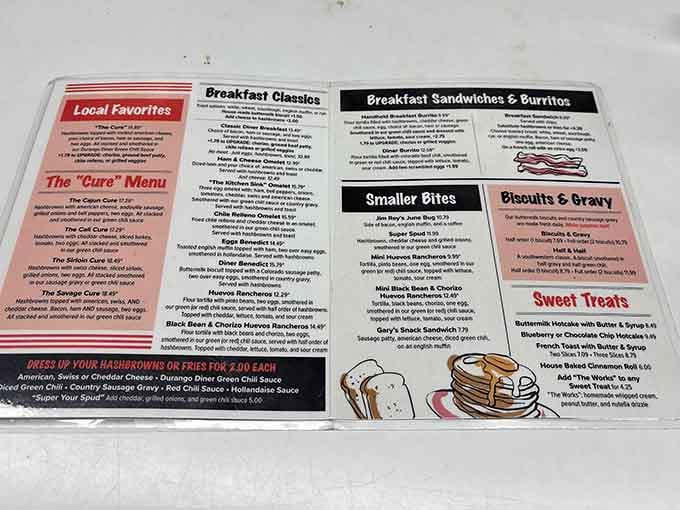 A menu this loaded is basically a love letter to breakfast, green chili featured prominently and absolutely no apologies made.