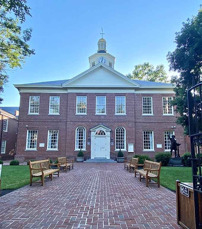 The Talbot County Courthouse sits regally on its brick walkway, watching over town like a distinguished elder statesman.