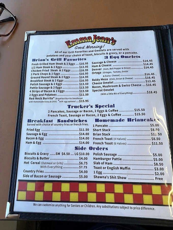 A menu where everything has a name and a personality. "Shawna's Shit Show" is listed free.