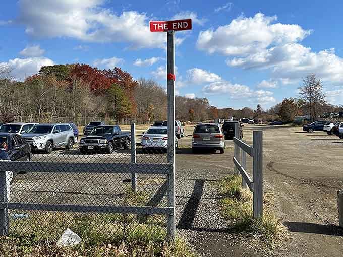 That "THE END" sign marks the parking lot's edge, not your shopping journey's conclusion.