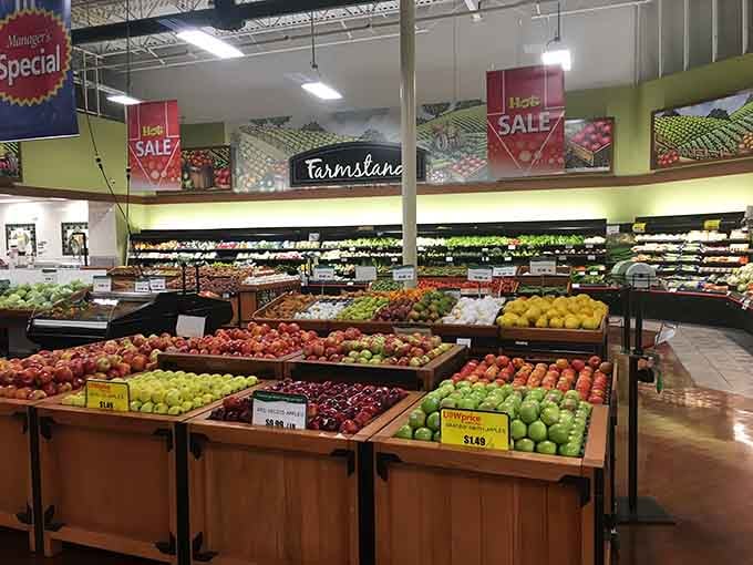 The Farmstand section bursts with color. Fresh apples, tropical fruits, and vegetables from around the world greet you first.