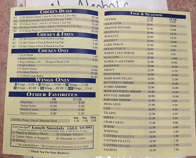 A menu this extensive isn't a list; it's practically a love letter written entirely in fried seafood.
