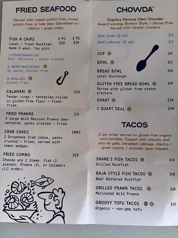 A menu that knows exactly what it is. Fresh, local, and honest seafood done three delicious ways.