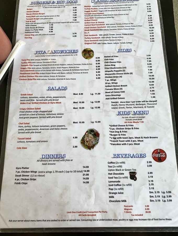 A menu that covers all the bases, from Coney Dogs to Gyro Platters. Decisions, decisions.