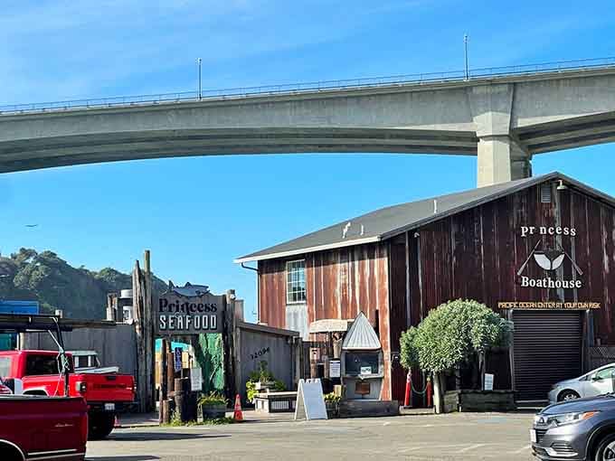 Princess Seafood sits right where it belongs, under the bridge at Noyo Harbor, close enough to the boats to matter.