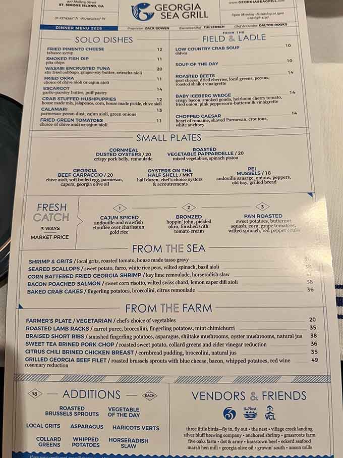 A menu that reads like a love letter to the Georgia coast, written by someone who actually knows how to cook.