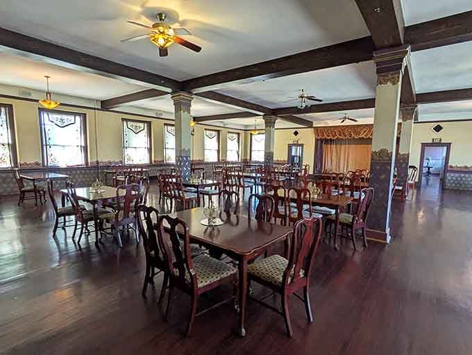 This grand dining hall once hosted elegant gatherings, and some guests apparently enjoyed it so much they never checked out.