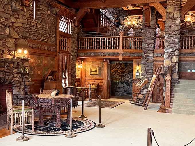 The great hall inside Gillette Castle feels like Hogwarts and a hunting lodge had a very sophisticated baby.