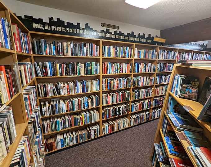 Floor-to-ceiling shelves packed with books so tightly, you'd think they were keeping each other warm.