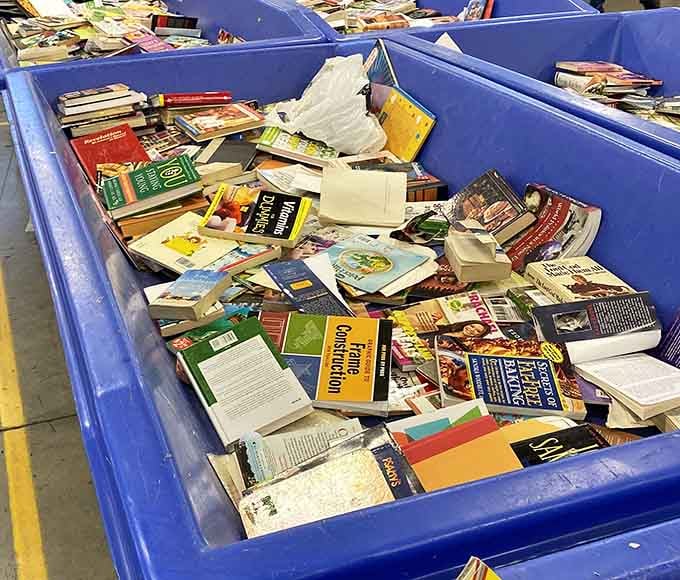 A bibliophile's lucky dip, where cookbooks, novels, and life-changing reads share one glorious blue bin.