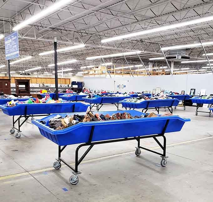 Row after row of big blue bins on wheels, each one a mystery box waiting for the right set of curious hands.
