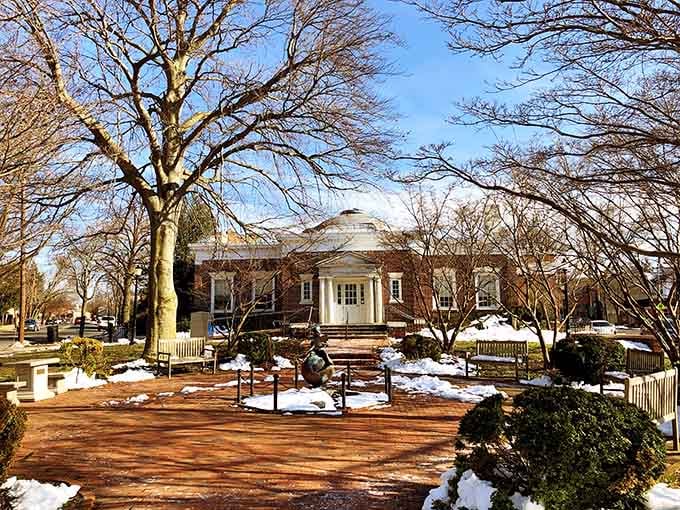 The Haddonfield Public Library sits like a proud civic anchor, especially stunning against a crisp winter sky.