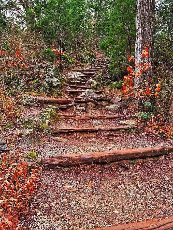 These rustic steps wind through Hill Country beauty like nature's own stairway to swimming heaven below.