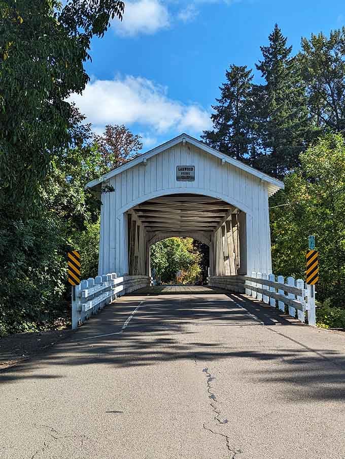 Framed by towering green trees and bright blue sky, this bridge earns every single photograph taken of it.