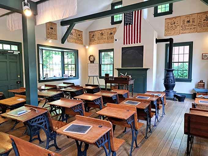 Those cast-iron desks and a wood-burning stove make every modern classroom feel a little overdressed.