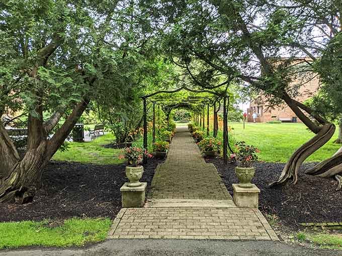 A brick pathway beneath arching trellises and flowering urns. Even your daily walk deserves a little drama sometimes.