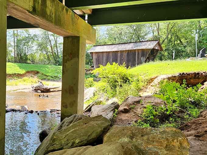 From this angle, the bridge and creek together look like a painting someone forgot to put in a museum.