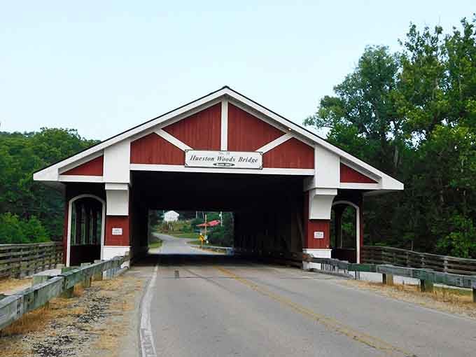 The iconic red Hueston Woods Bridge looks like it drove straight out of a Robert Frost poem and never left.