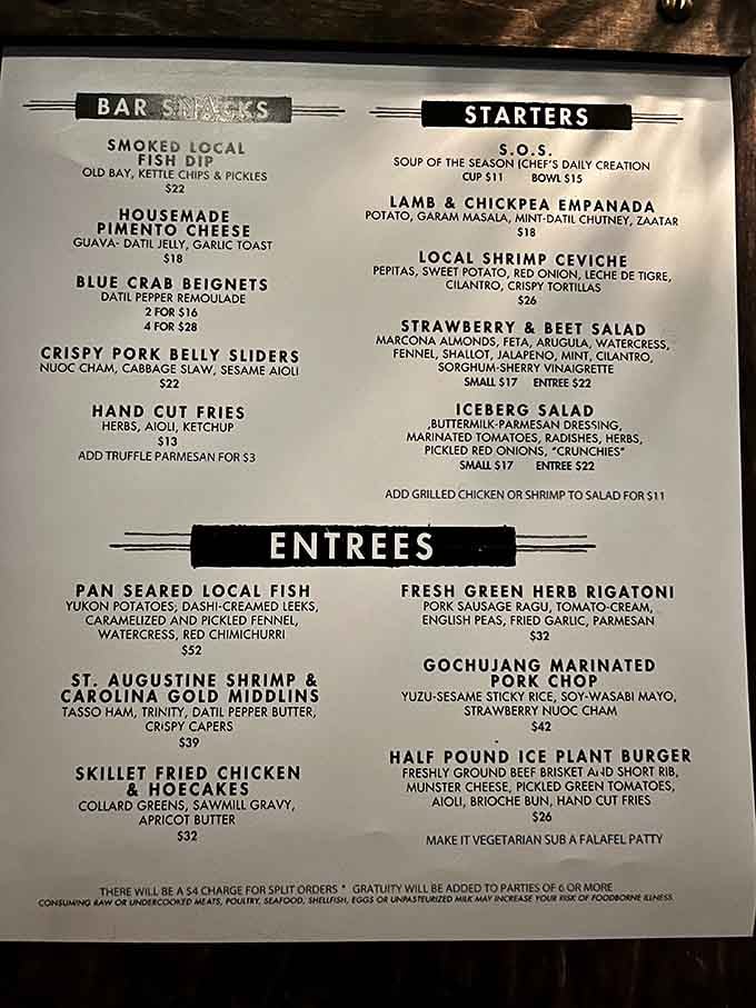 A menu that reads like someone actually cared, from blue crab beignets to gochujang pork chops, yes please.