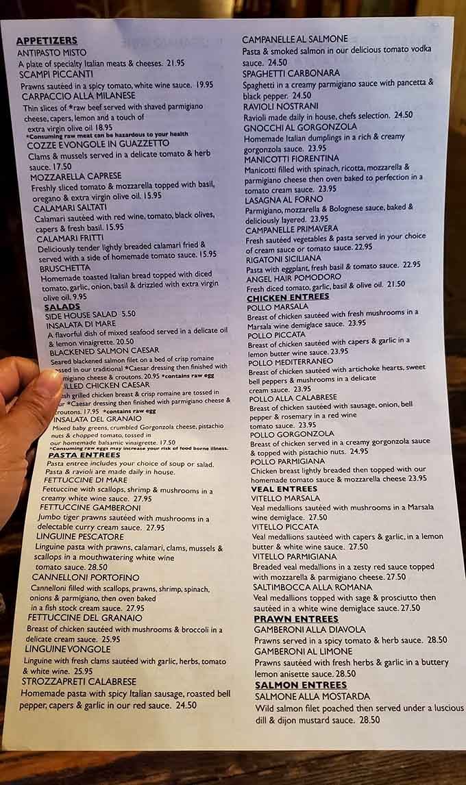 A menu this long and this honest is basically a love letter written entirely in Italian.