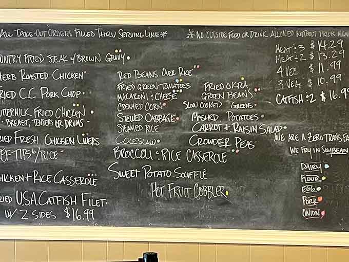 A chalkboard full of Southern soul, from fried green tomatoes to sweet potato souffl&eacute;, this menu means serious business.