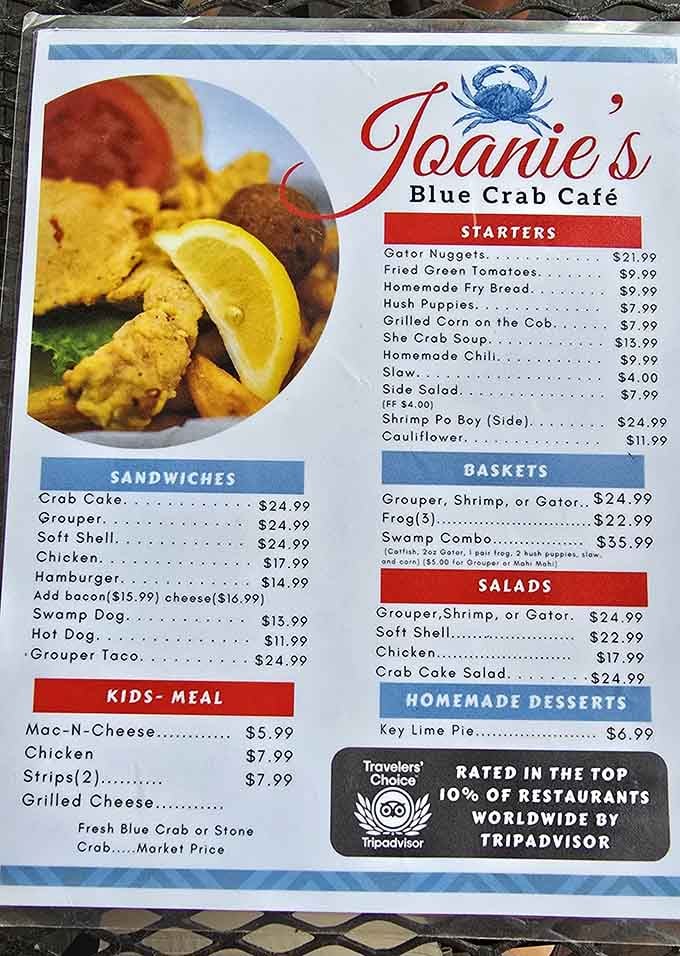 A menu that reads like a love letter to the Everglades, from gator nuggets to fresh blue crab.