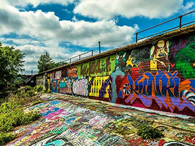 The concrete canvas stretches endlessly, decorated with layers of artistic expression that would make any museum envious.