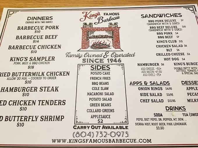 A menu that knows exactly what it is, barbecue pork, beef, chicken, and sides that could make a grown adult weep with joy.