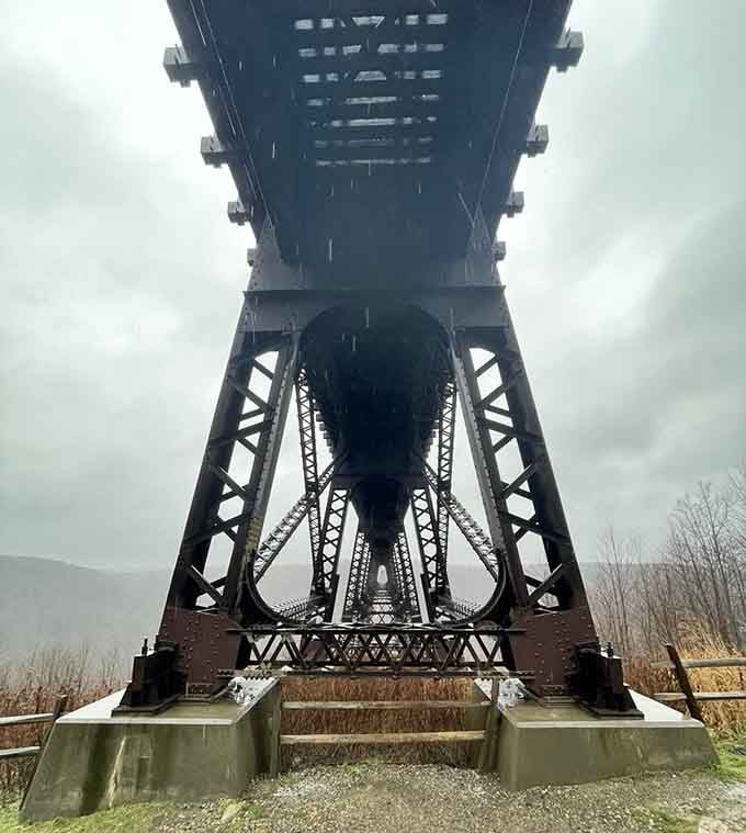 Looking up at the bridge's steel framework is like staring into the belly of an industrial giant from another era.