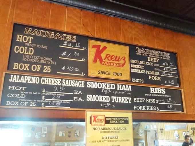 No sauce, no forks, no nonsense. This chalkboard menu is basically the Ten Commandments of Texas barbecue.