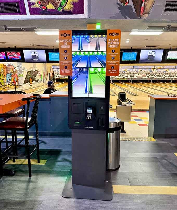Modern check-in meets classic bowling, because even nostalgia needs a little technological help sometimes.