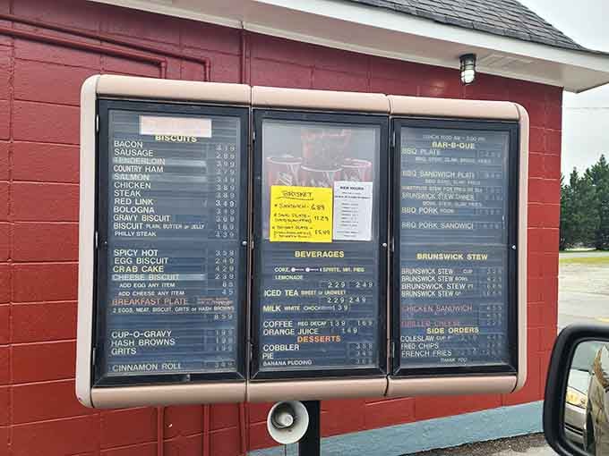 Every item listed promises comfort, from biscuits to barbecue, all waiting at your friendly neighborhood barn.