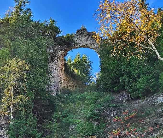 Arch Rock stands fifty feet tall, carved by nature over thousands of years, and absolutely free of charge.