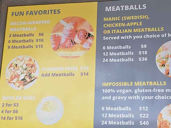 A menu board that reads like a love letter to meatball enthusiasts, with options for every appetite and dietary need.