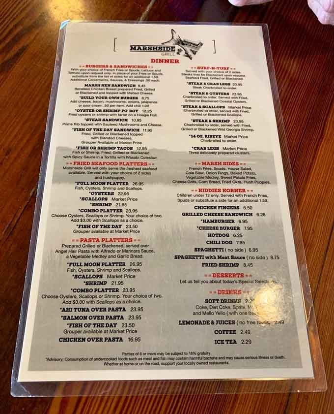 A menu this good deserves its own reading glasses. Fresh Georgia seafood in every direction you look.