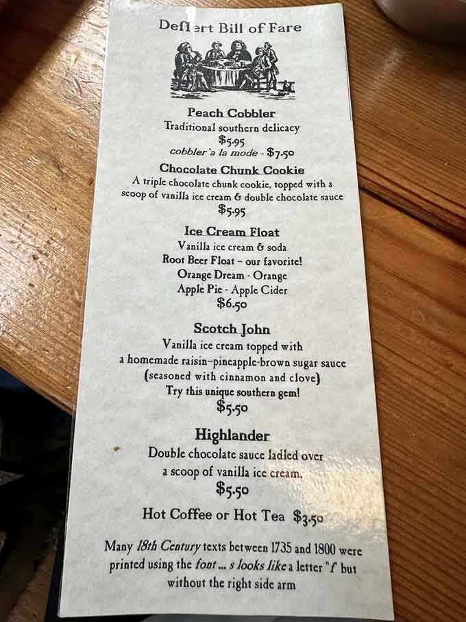 Even the menu gets the colonial treatment, complete with that quirky 18th-century "long s" typography.