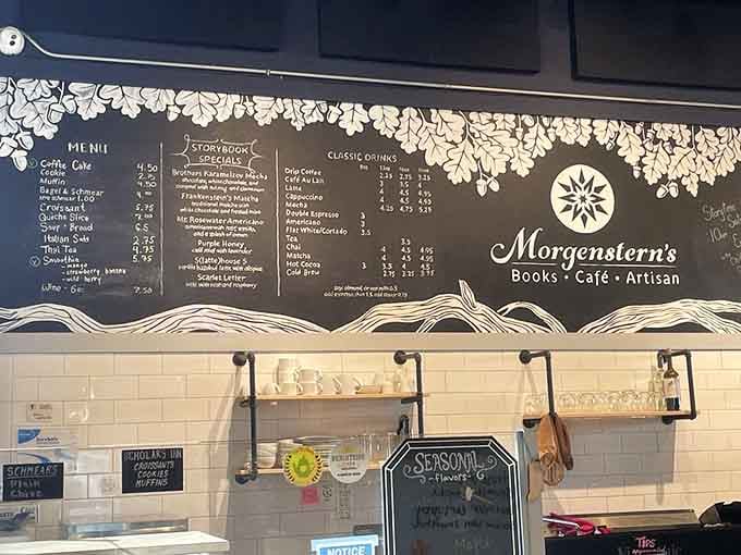 A chalkboard menu with hand-drawn botanicals and drink names pulled from classic novels. Ordering here feels like a literary event.