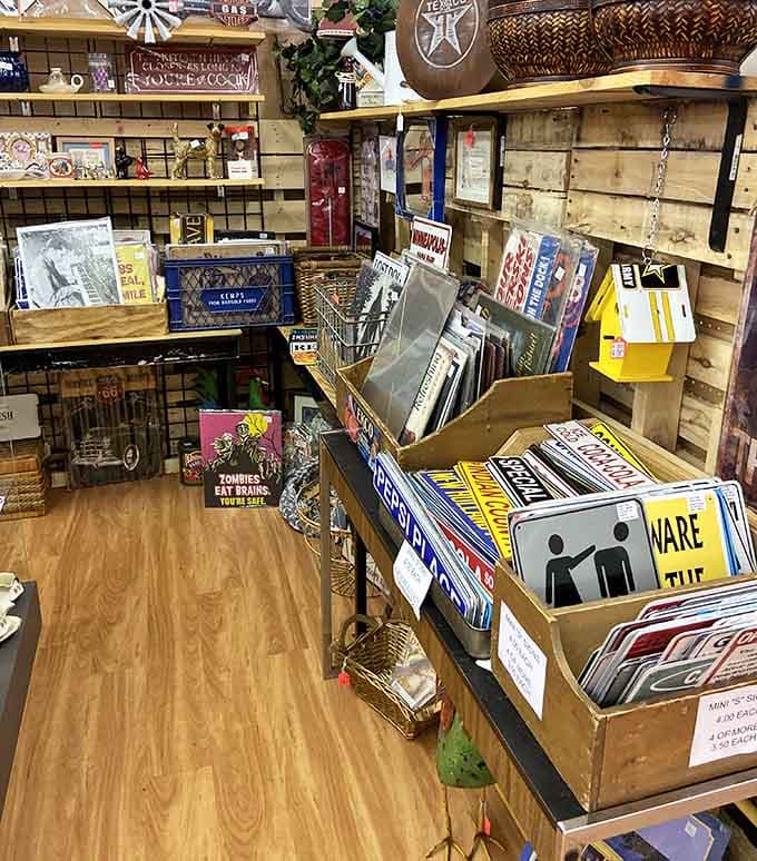 From Texaco signs to novelty boards, these shelves hold more personality than most people you've met at parties.
