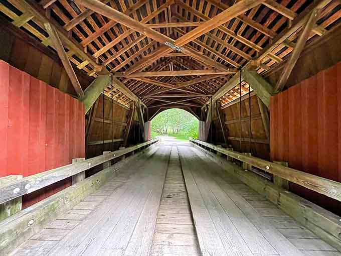 Look up and marvel at the timber framework that's been keeping this beauty standing strong.