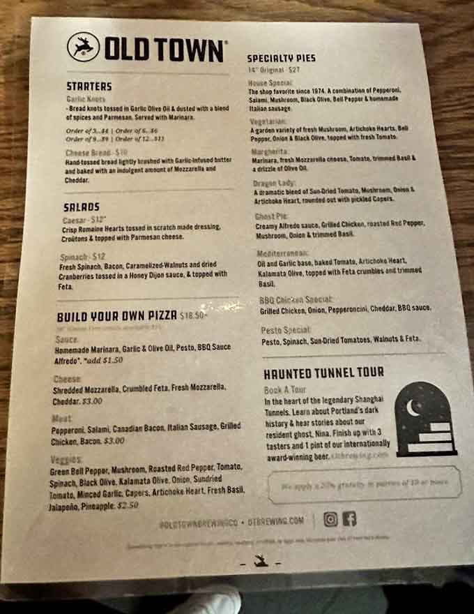 A menu with a Ghost Pie and a Haunted Tunnel Tour listed side by side. Dinner and a séance, essentially.