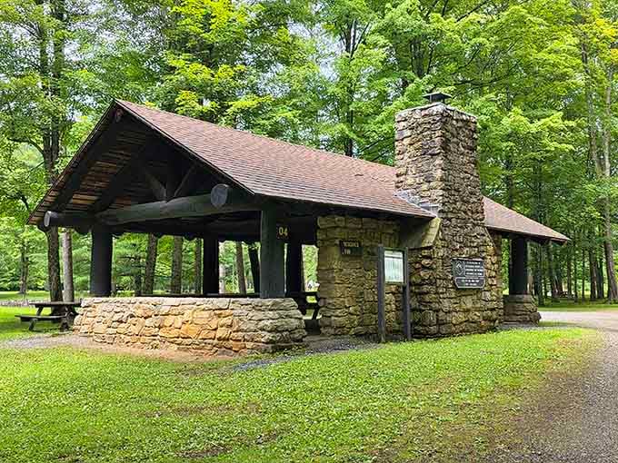 The CCC built this stone shelter decades ago with hands that clearly knew what they were doing, and it shows.