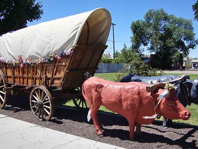 This ox wagon display is a charming nod to the pioneers who thought, "Yes, this spot looks good."