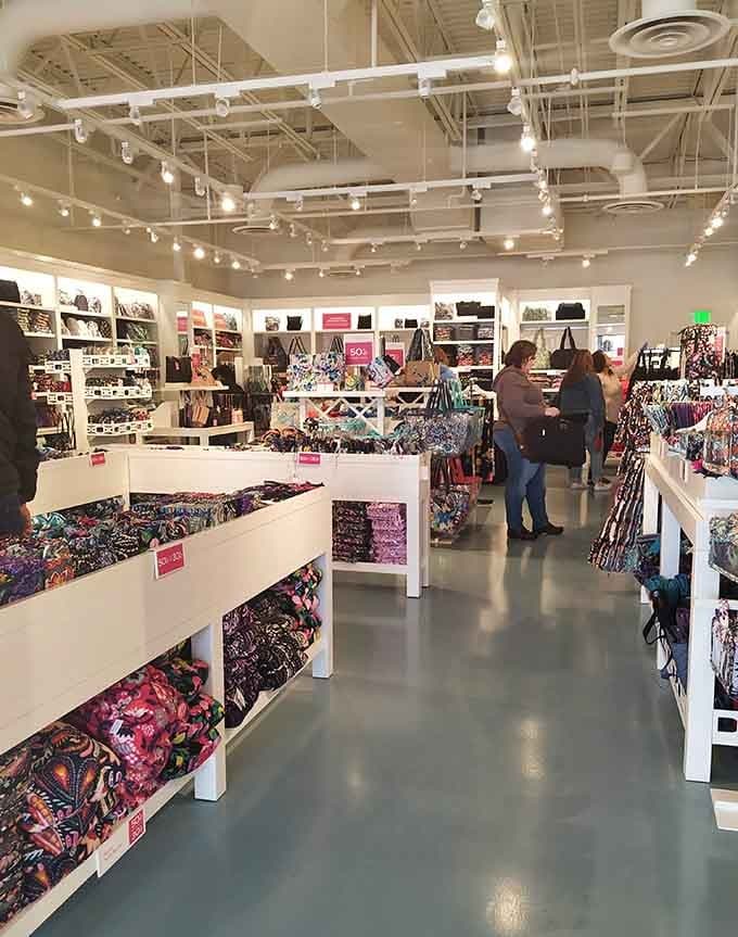 Vera Bradley's outlet is a colorful wonderland of bags, totes, and accessories. Resistance is genuinely futile in here.