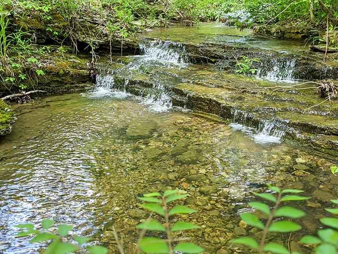 Water spilling over layered limestone shelves like nature's own staircase. This is what the Ozarks do best.
