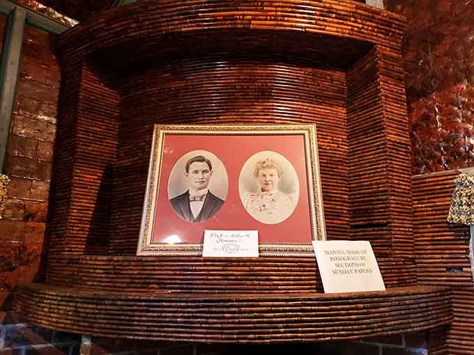 The original creators of this newspaper marvel, preserved on a mantel made entirely from rotogravure Sunday paper sections.